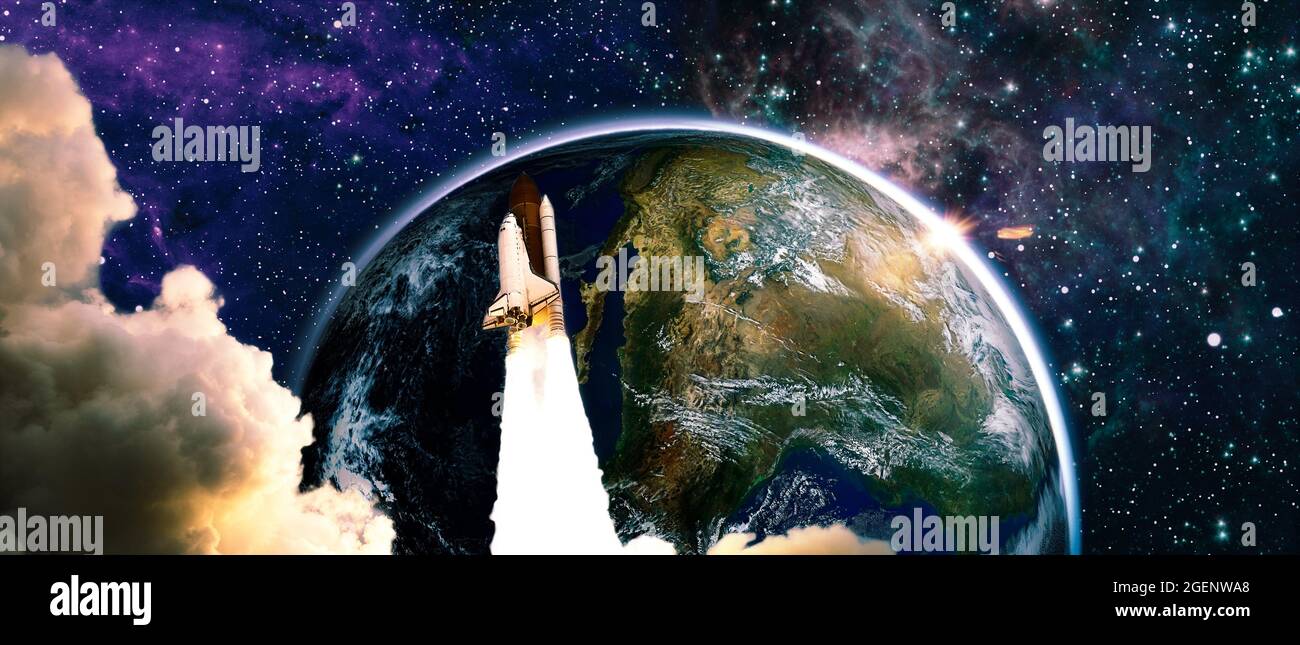 Rocket in space, earth in distance.Space shuttle orbiting Earth planet ...