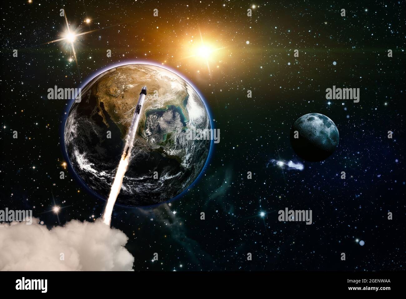 Rocket in space, earth in distance.Space shuttle orbiting Earth planet ...