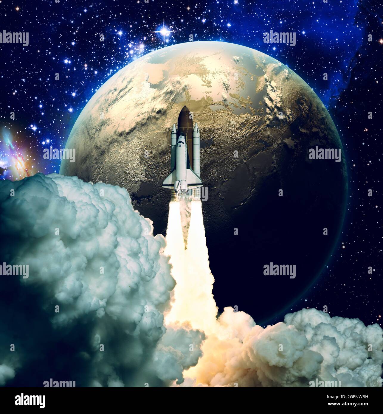 Space shuttle orbiting Earth planet.Rockets launch into space on the ...