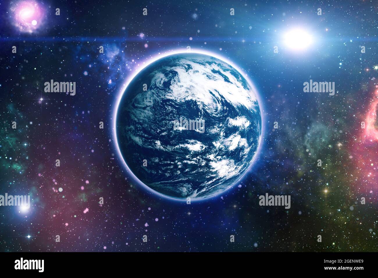 Panoramic view of the Earth, sun, star and galaxy. Sunrise over planet ...