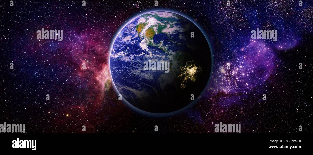 Panoramic view of the Earth, sun, star and galaxy. Sunrise over planet ...