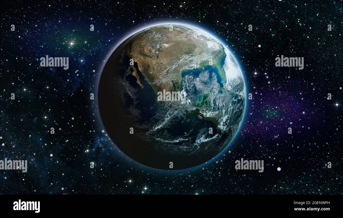 View of the Earth, sun, star and galaxy. Sunrise over planet Earth ...