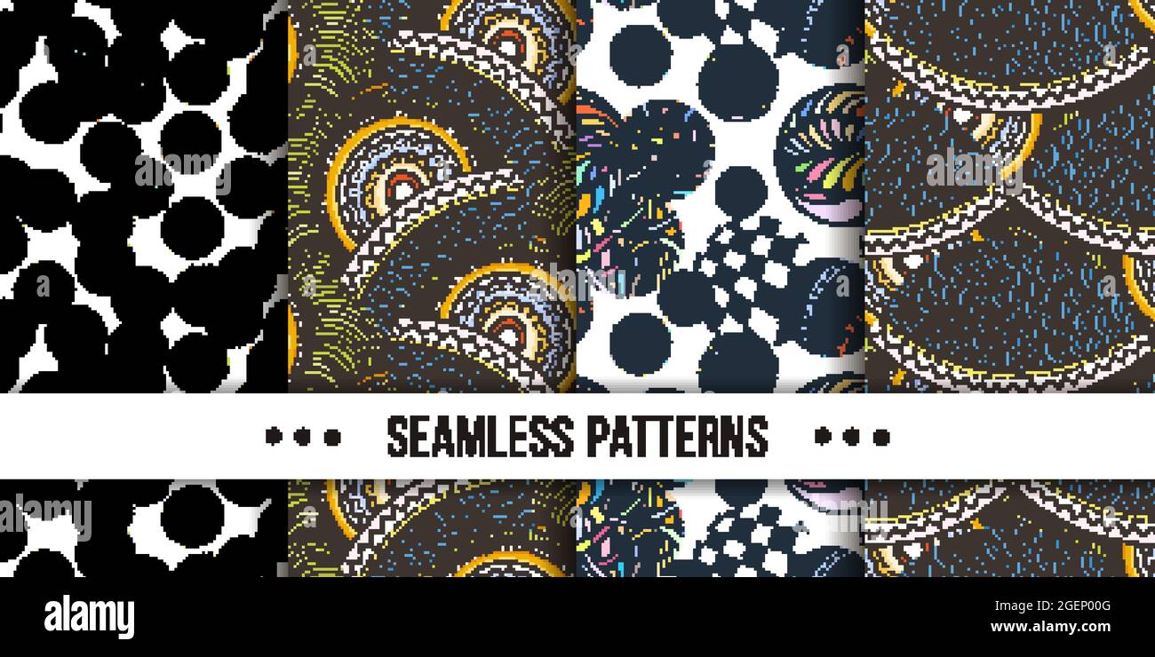 Set of samless ornate, doodle hand-drawn abstract patterns. Vector ...