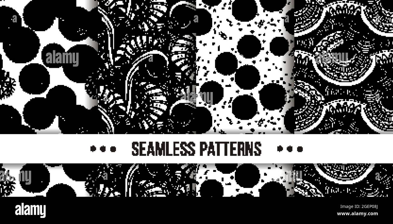 Set of samless ornate, doodle hand-drawn abstract patterns. Vector ...