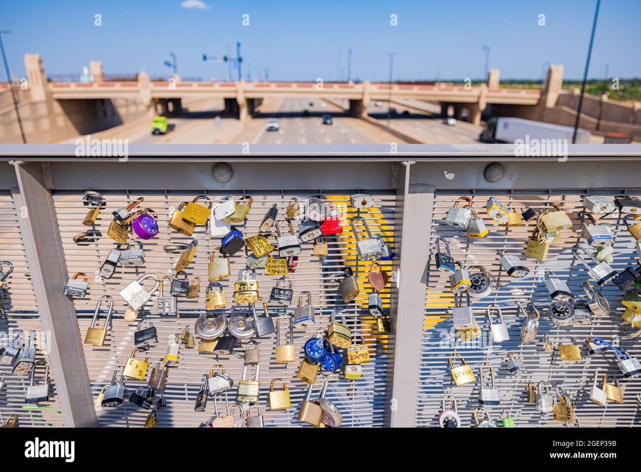 Oklahoma, AUG 9, 2021 - Many locks on the Scissortail Bridge Stock ...