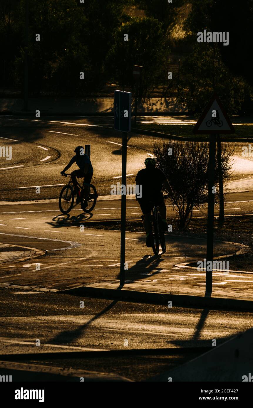 Vertical shot of silhouettes of friends riding bikes at night Stock ...