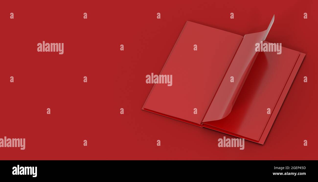 3D rendering of an open floating book mockup isolated on a red ...