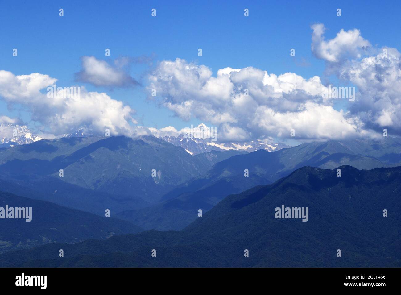 Scenic view of vast mountain ranges in Racha, Georgia on a cloudy day ...