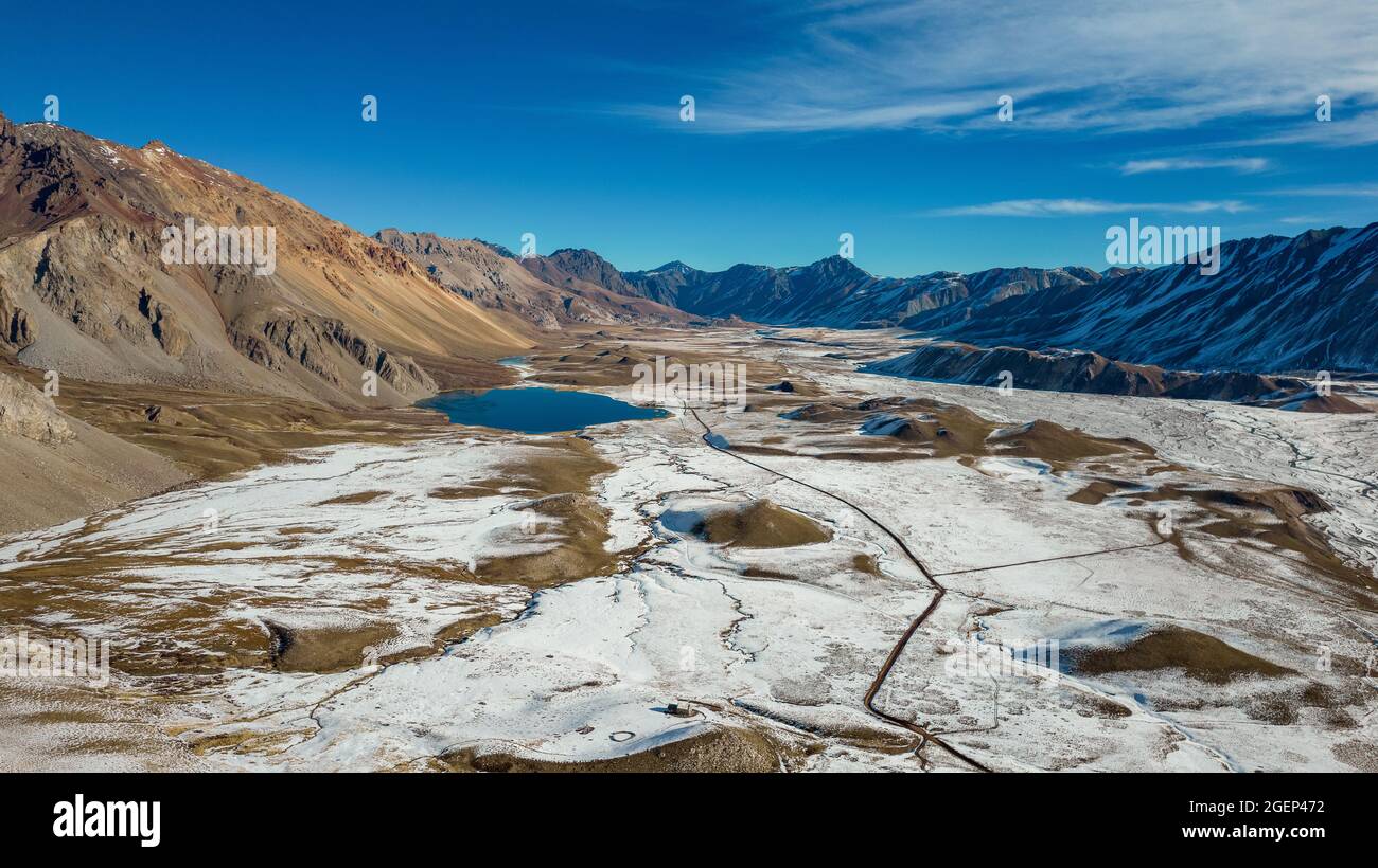 Aerial view of the snowy beautiful Andes mountain range in South ...