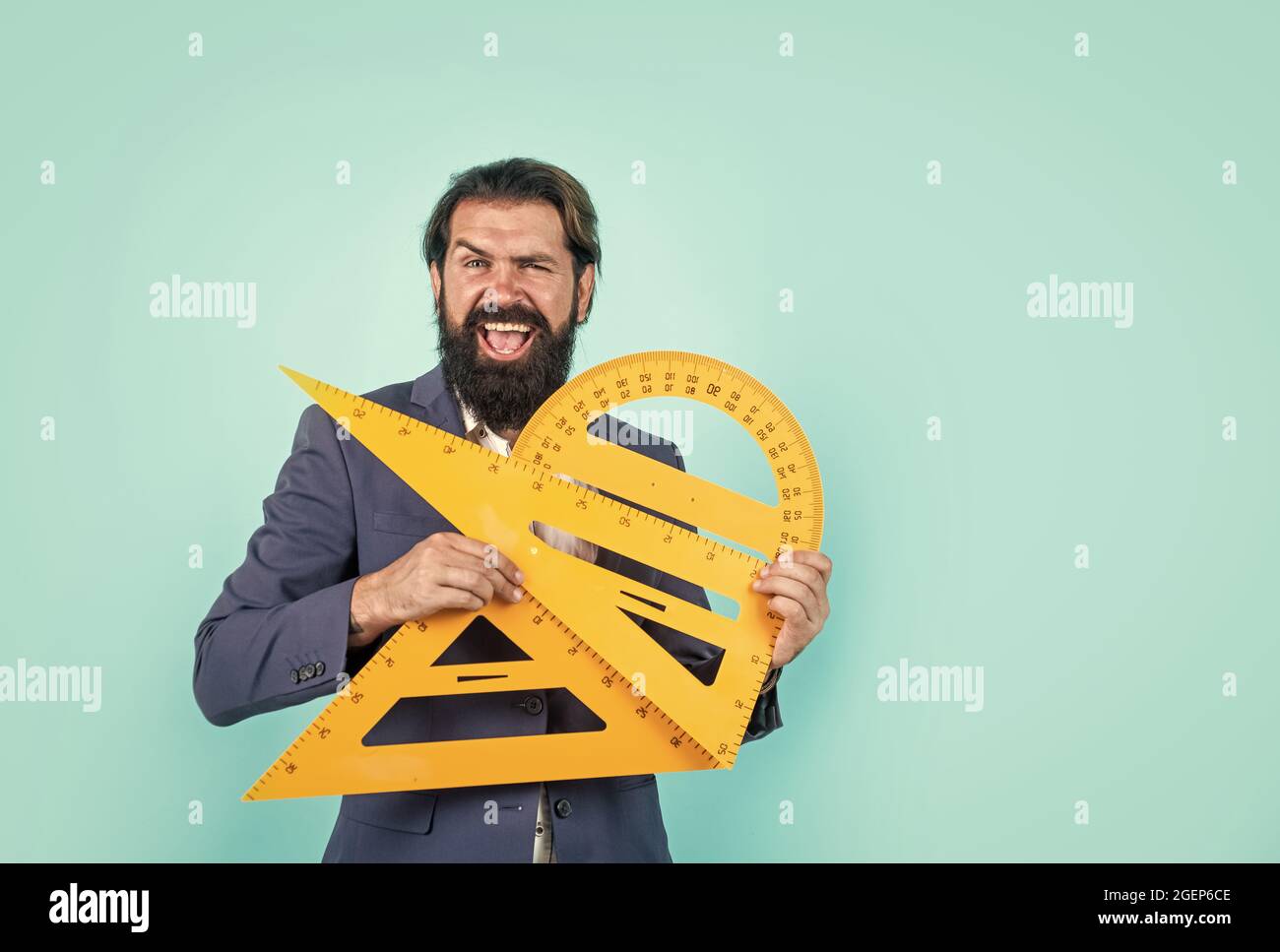 happy math man teacher use protractor and triangle tool, school formal ...