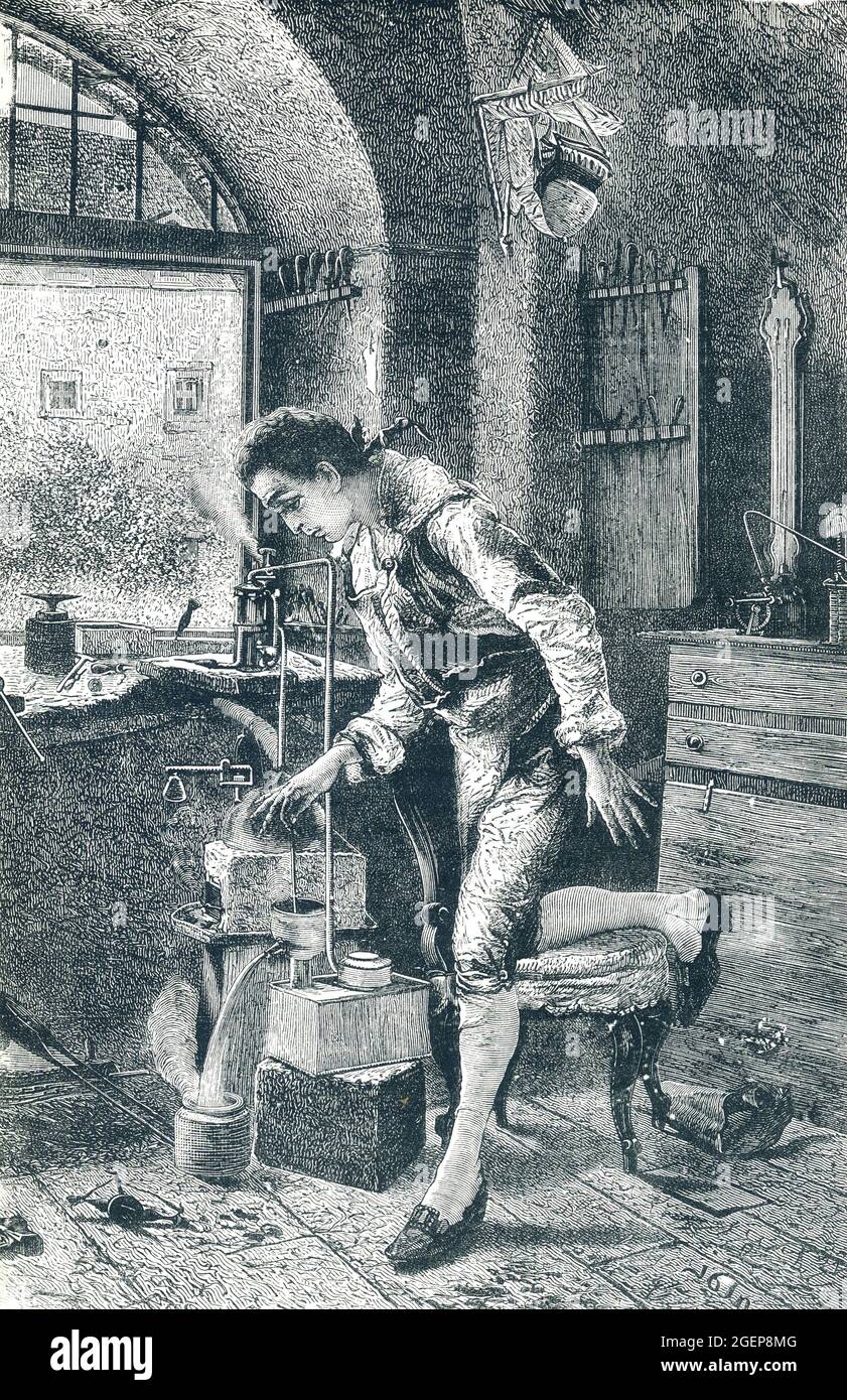 James Watt experimenting with steam engine technology, Industrial ...