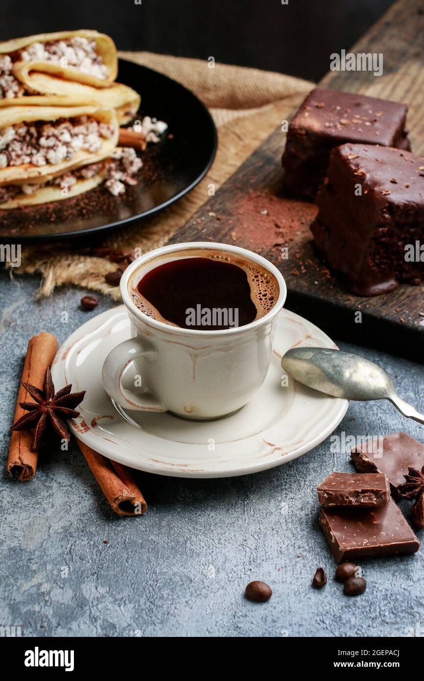 Cup of coffee on grey stone background. Party time Stock Photo - Alamy