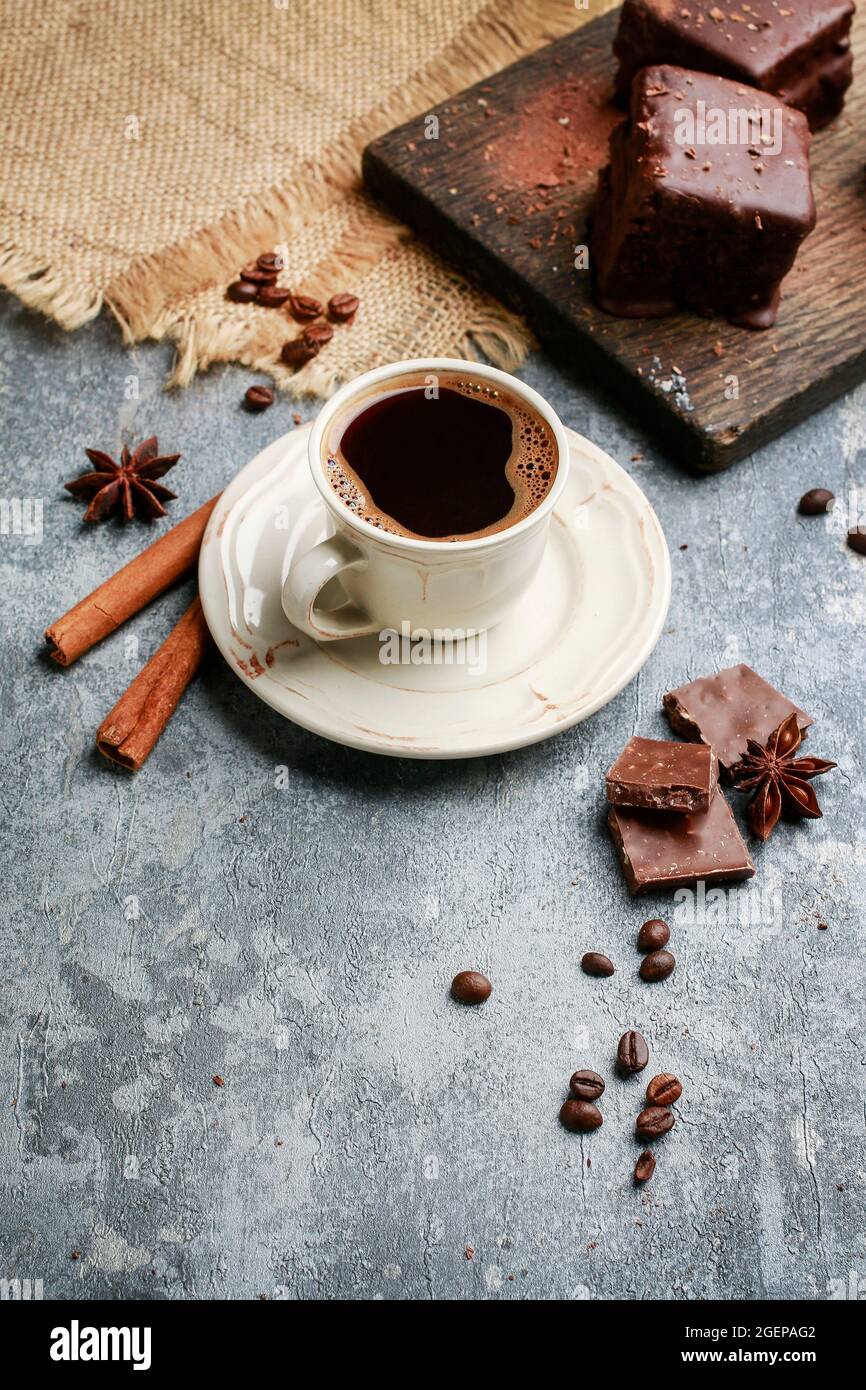 Cup of coffee on grey stone background. Party time Stock Photo - Alamy