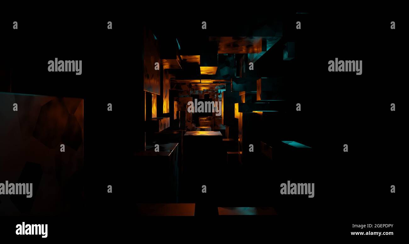 Abstract dark room background with orange and blue lights. 3D rendering ...