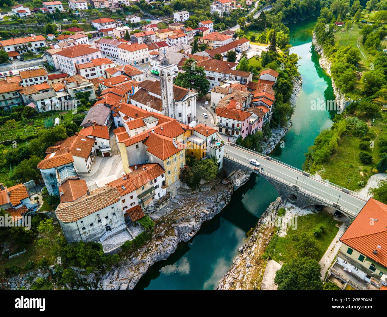 Colorful Architecture of Kanal Ob Soci Town in Slovenia at River Soca Valley. Drone View Stock ...