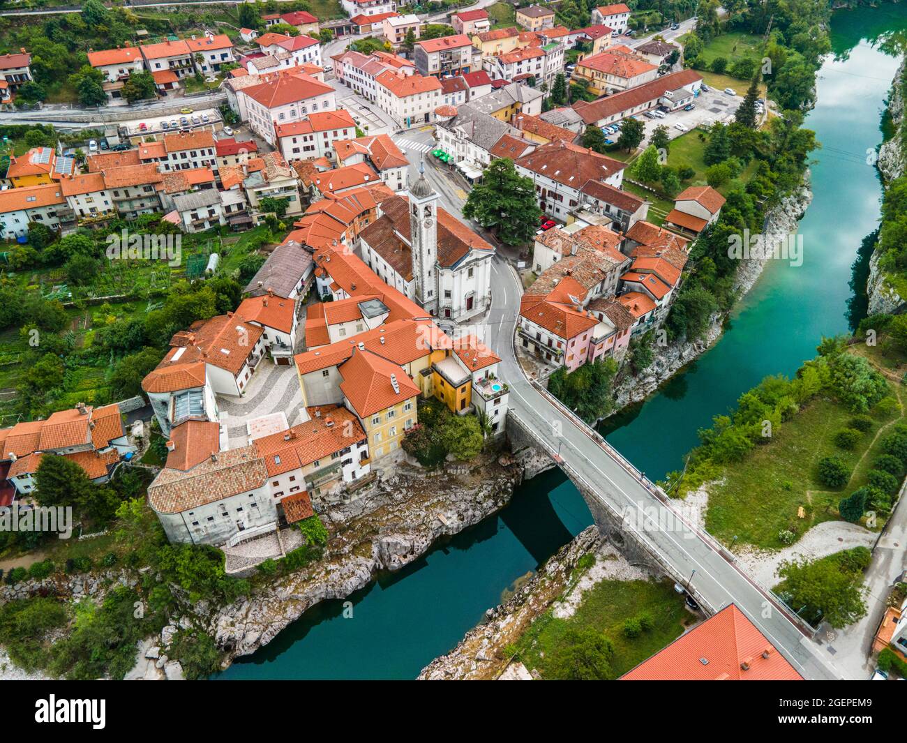Colorful Architecture of Kanal Ob Soci Town in Slovenia at River Soca Valley. Drone View Stock ...