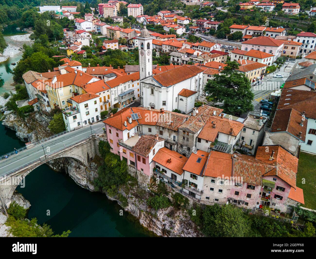 Colorful Architecture of Kanal Ob Soci Town in Slovenia at River Soca Valley. Drone View Stock ...