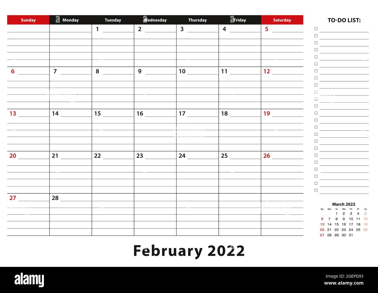 February 2022 Monthly Desk Pad Calendar week starts from sunday, size ...