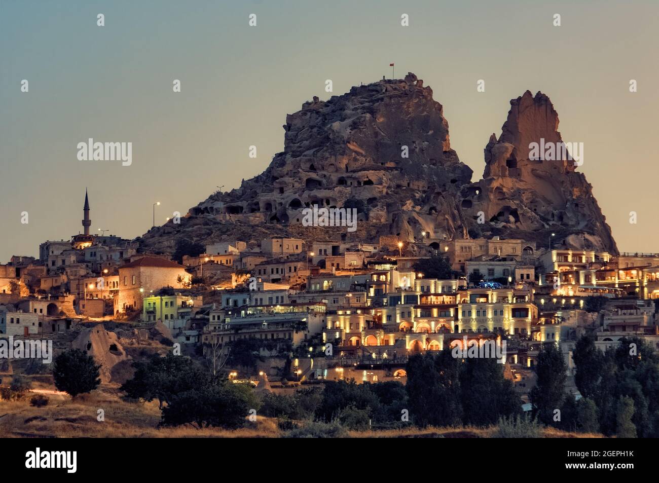touristic sightseeing of Turkey scenic view by night of Uchisar Castle ...