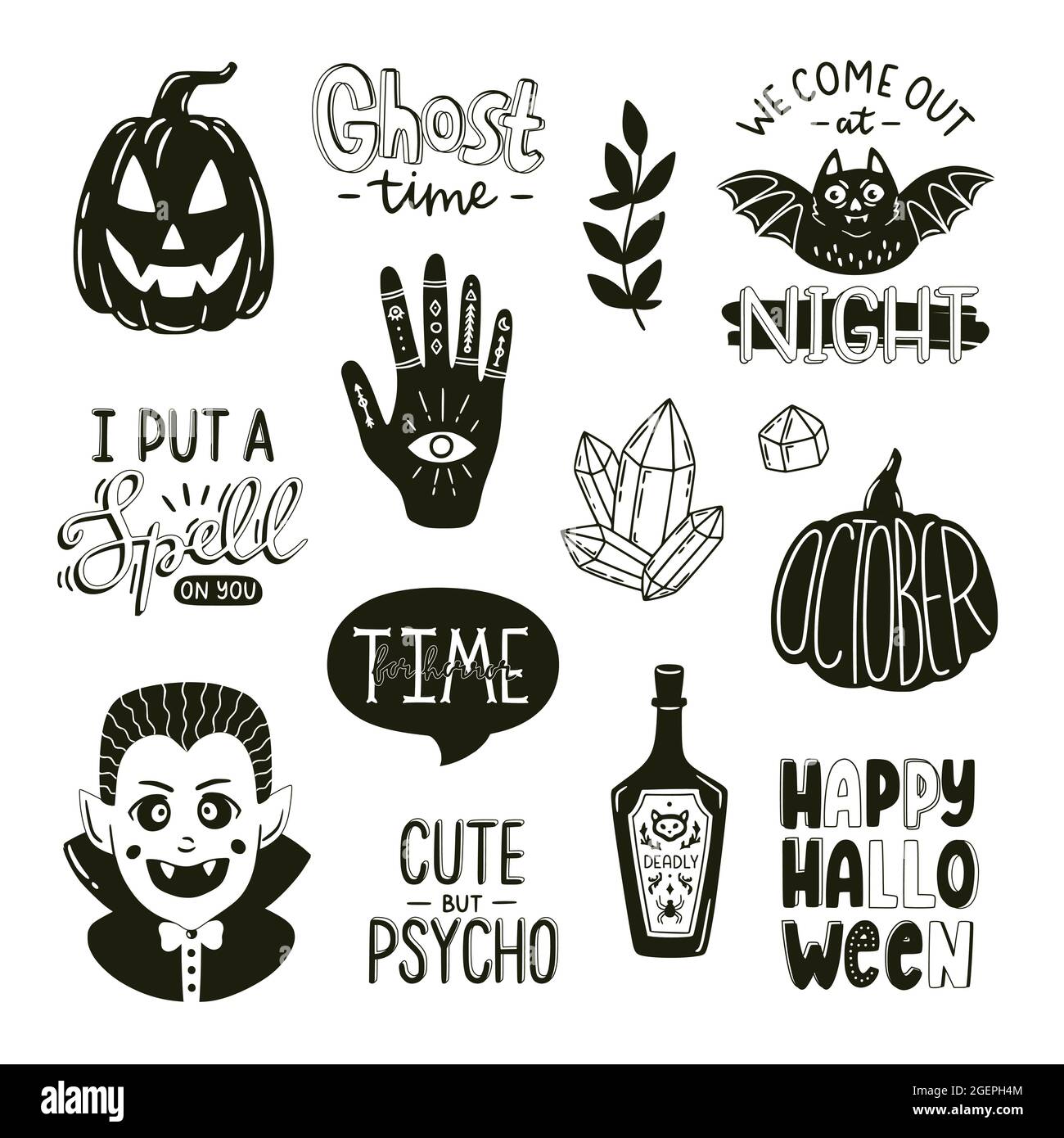 Black and white print with Halloween elements. Spooky decorative ...