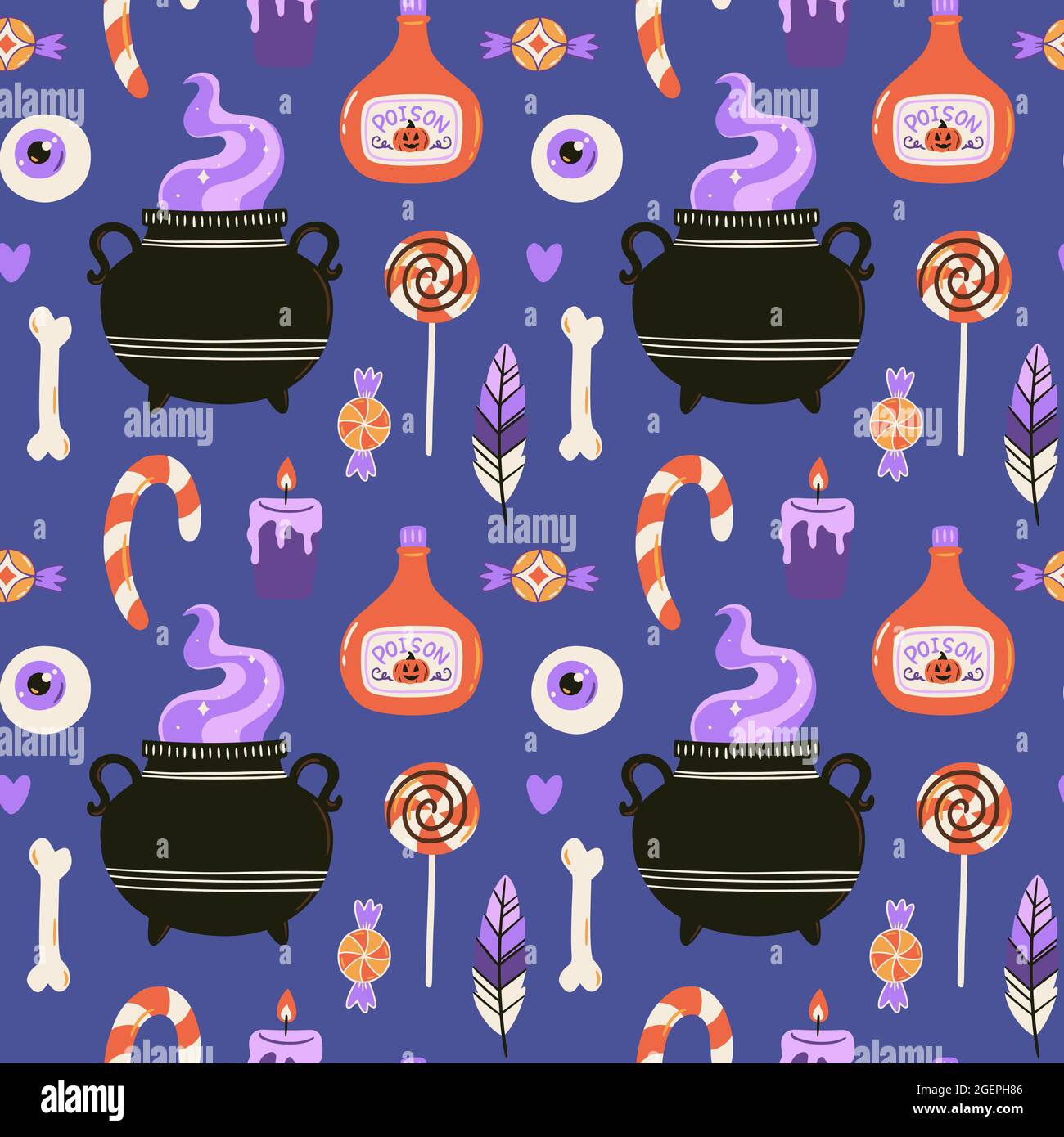 Halloween seamless pattern with witches brew, bottle of poison and ...
