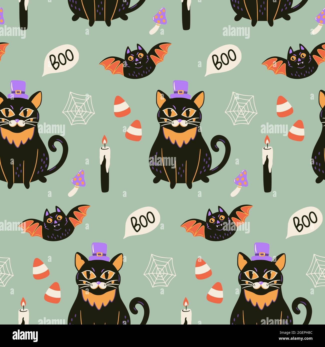 Halloween seamless pattern with cute black cat, bats and spiders web ...