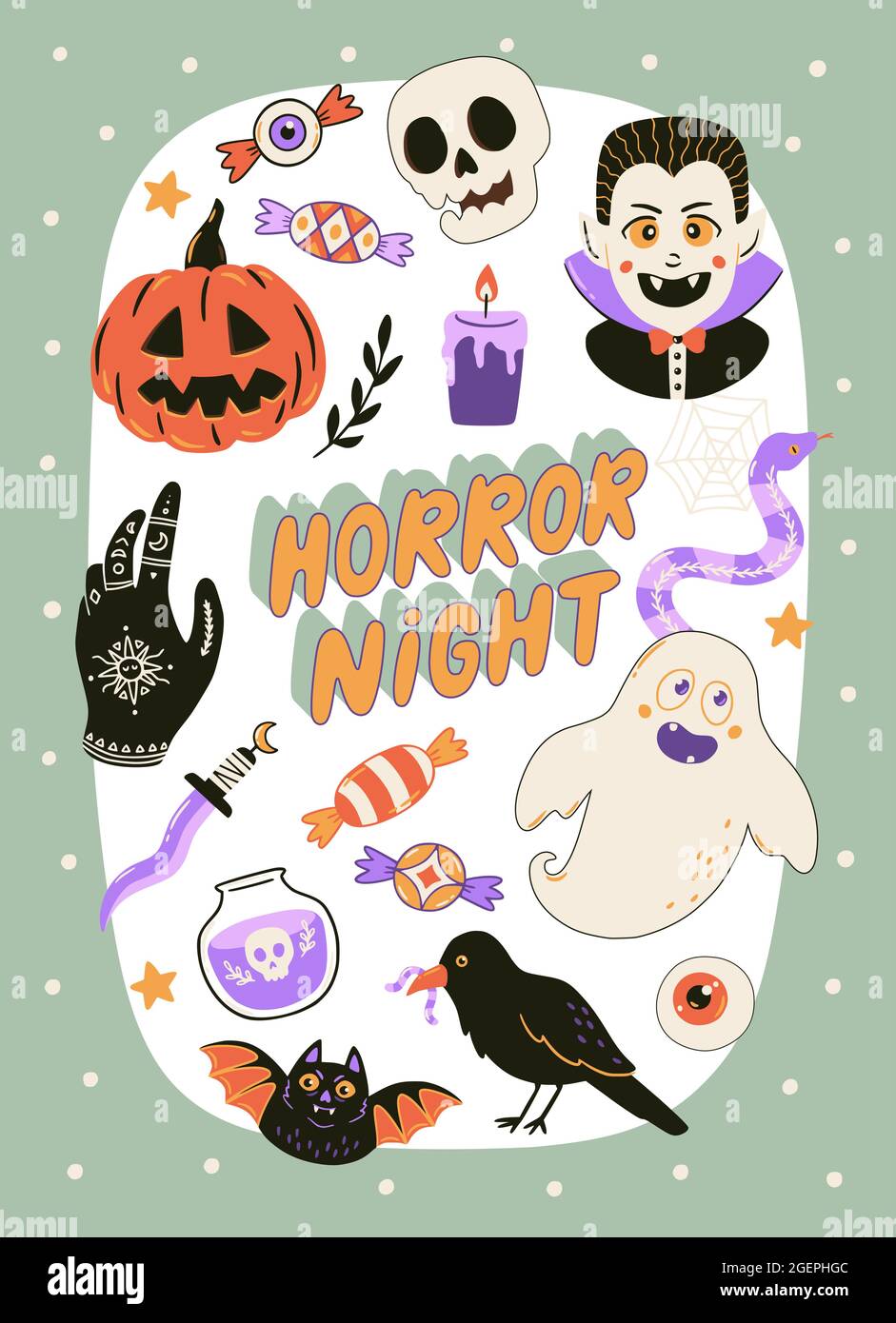 Halloween print with cartoon elements and lettering. Horror night. Hand ...