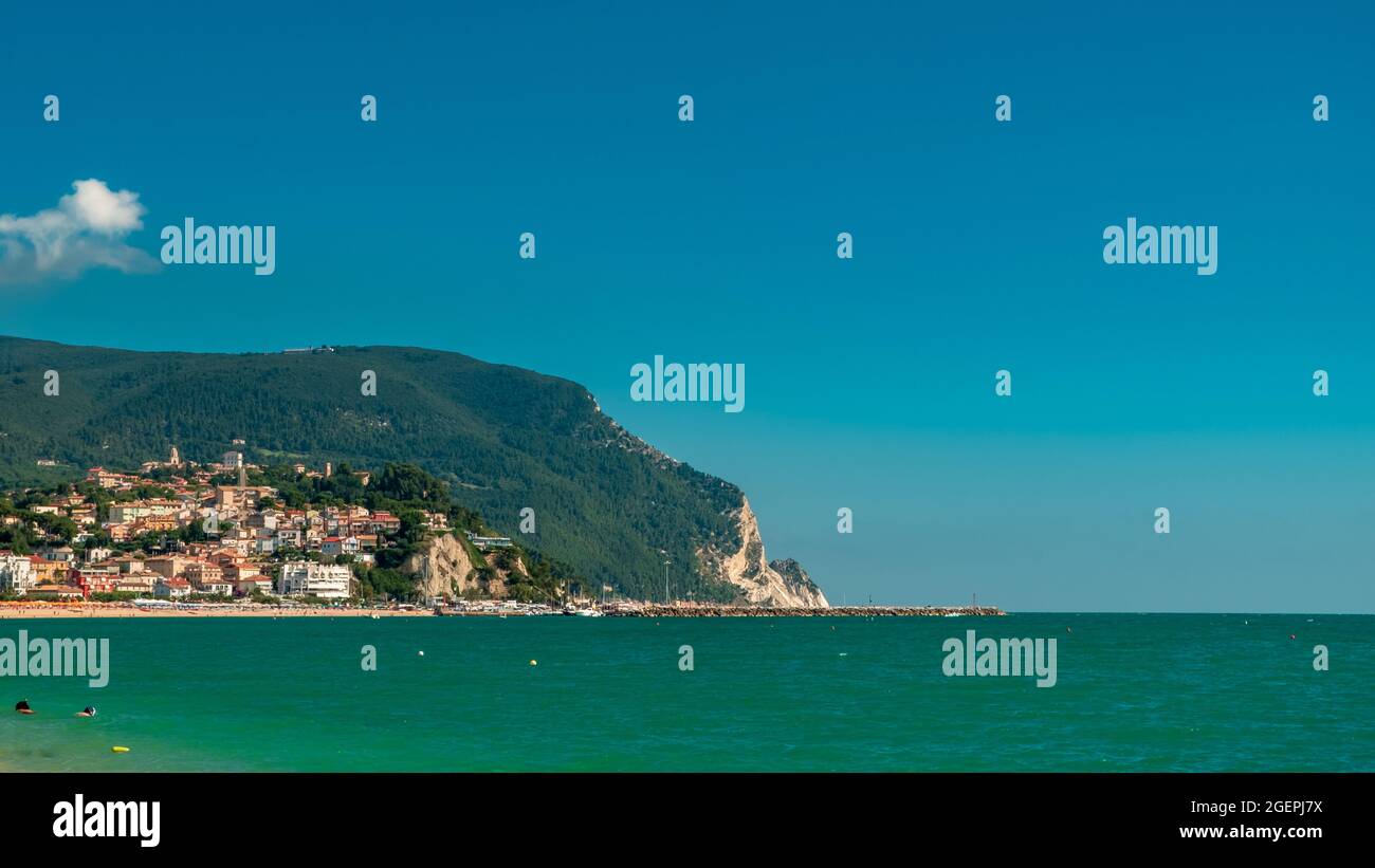 The beach of Numana with the Conero mount in the background in a ...