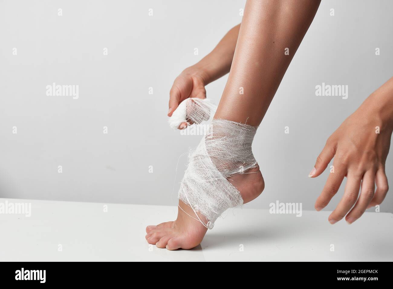 bandaged leg traumatology health problems close-up Stock Photo - Alamy