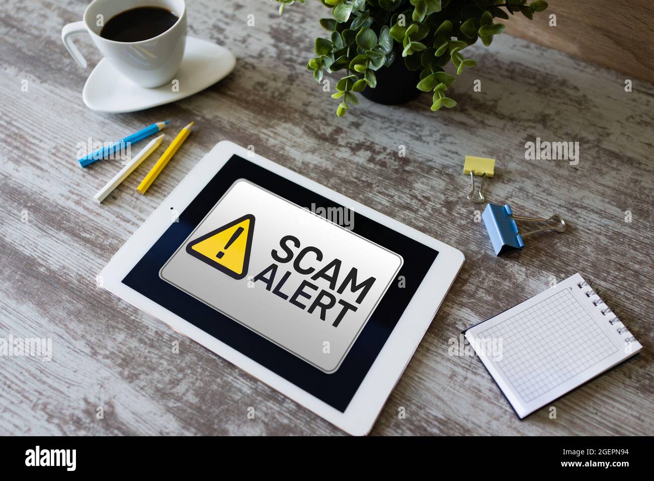 Scam alert detecting warning. Notification on device screen Stock Photo ...