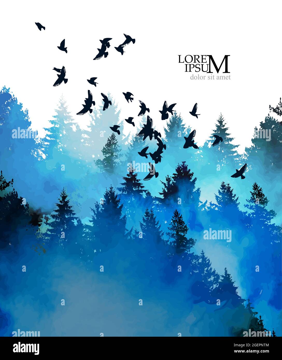 Landscape forest. Blue Fir forest watercolor. and flying birds. Vector ...