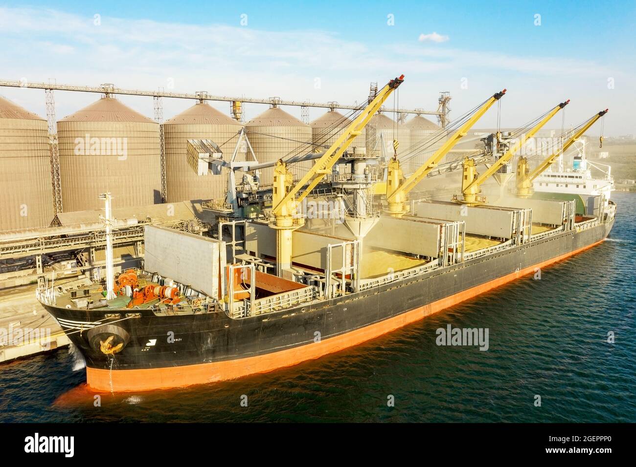 Loading grain into holds of sea cargo vessel through an automatic line ...