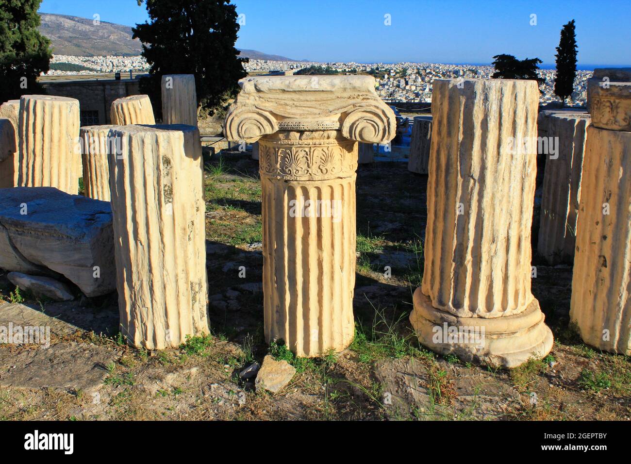 Greece, Athens, June 16 2020 - Pieces of marble at the archaeological ...