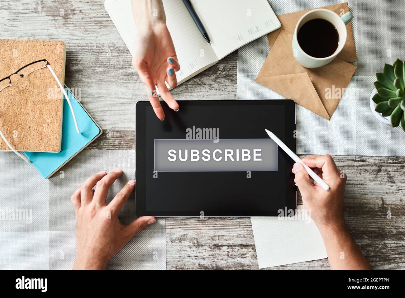 Subscribe button on device screen. Internet and digital marketing ...