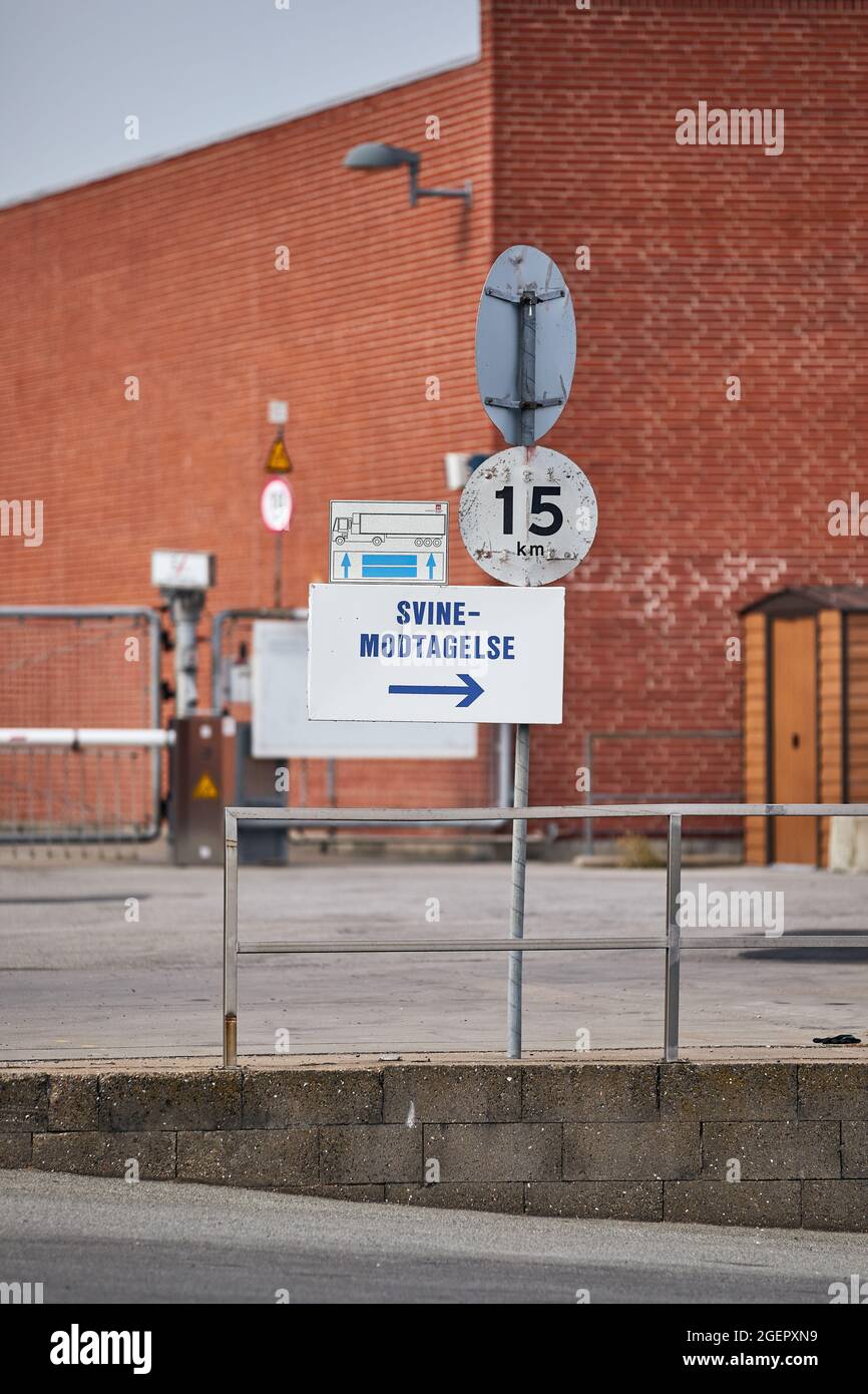 Svinemodtagelse (reception of pigs), sign outside slaughterhouse; Saeby ...