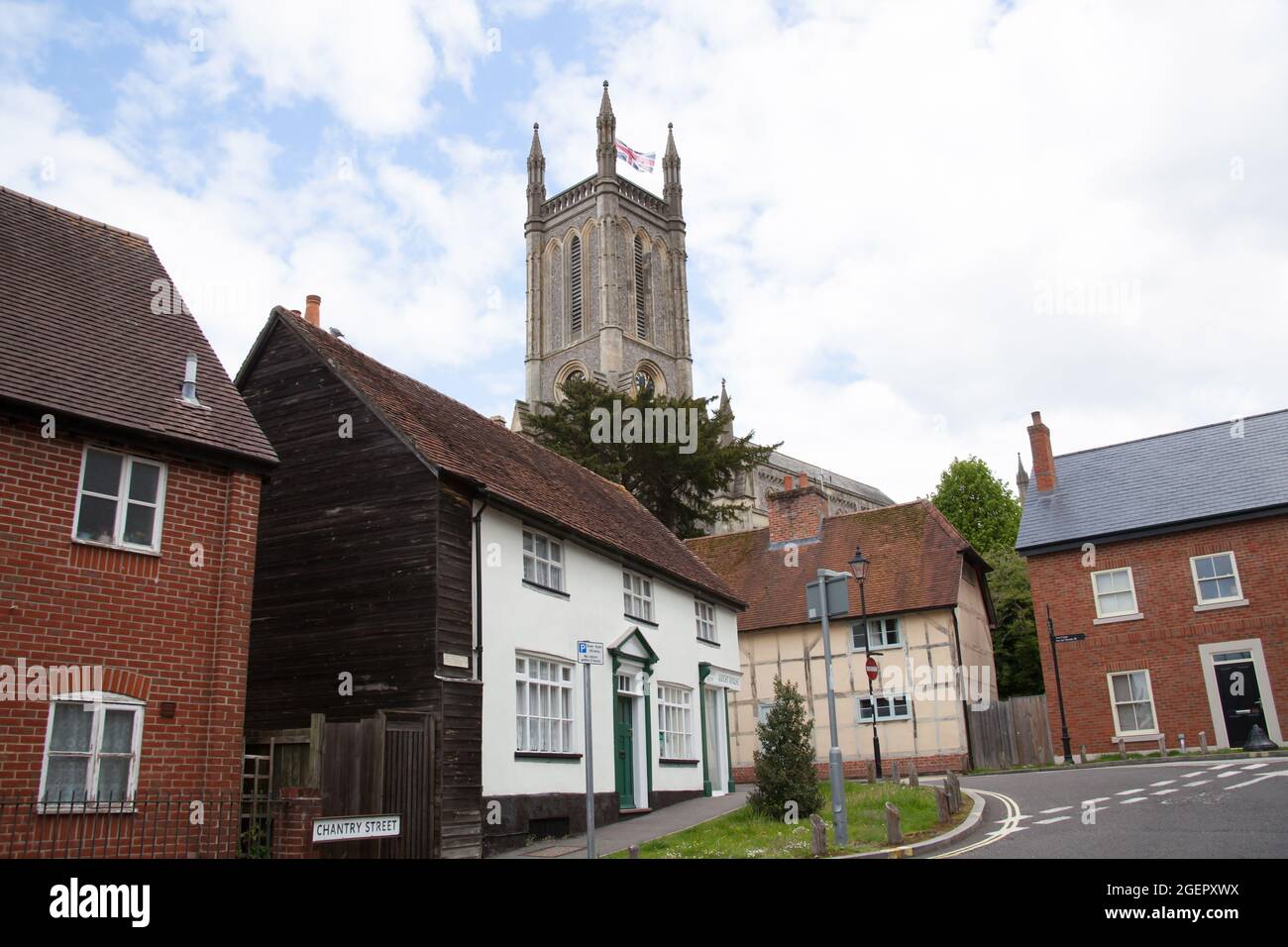 Old houses and ST Mary's Church tower on Chantry Street in Andover ...