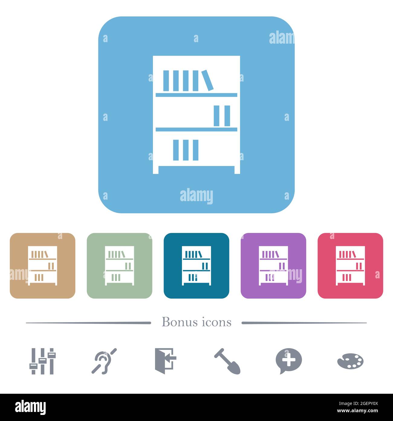 Bookshelf with books solid white flat icons on color rounded square ...
