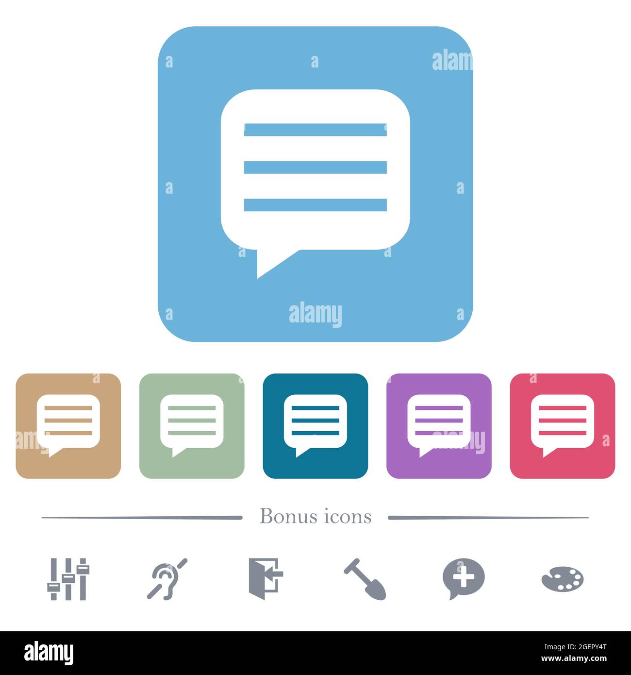 Message box with rows white flat icons on color rounded square ...