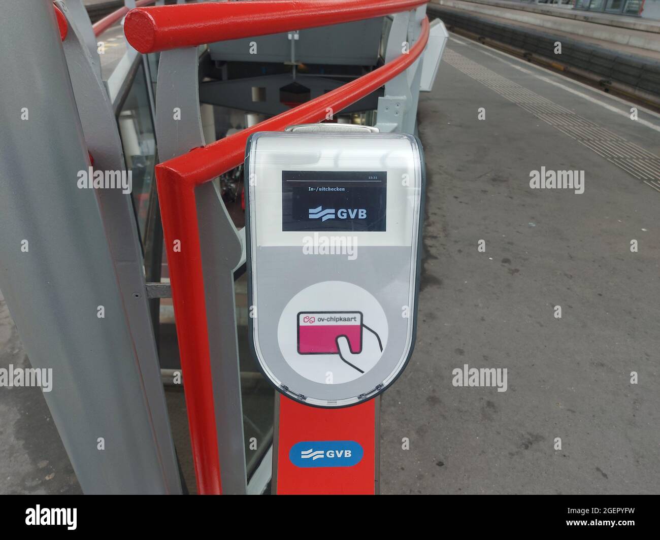 Payment terminal of the GVB for check in and out on the Amsterdam Metro ...