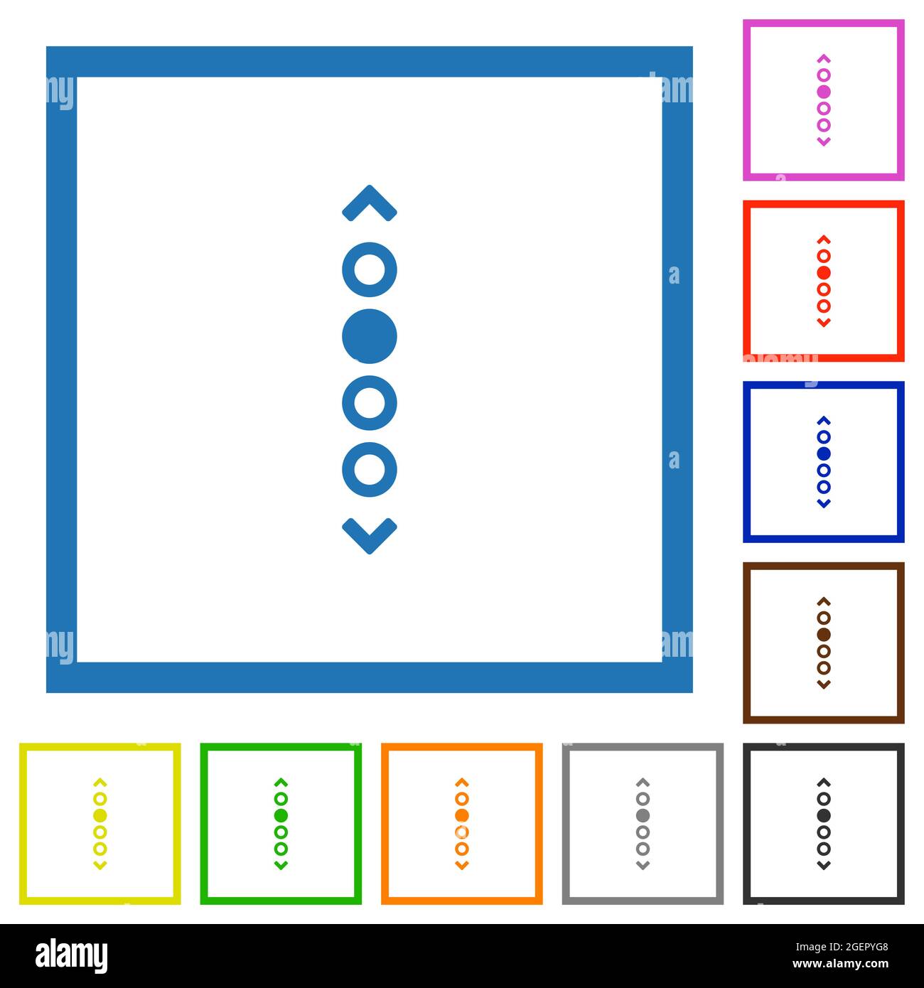 Vertical page navigation flat color icons in square frames on white ...