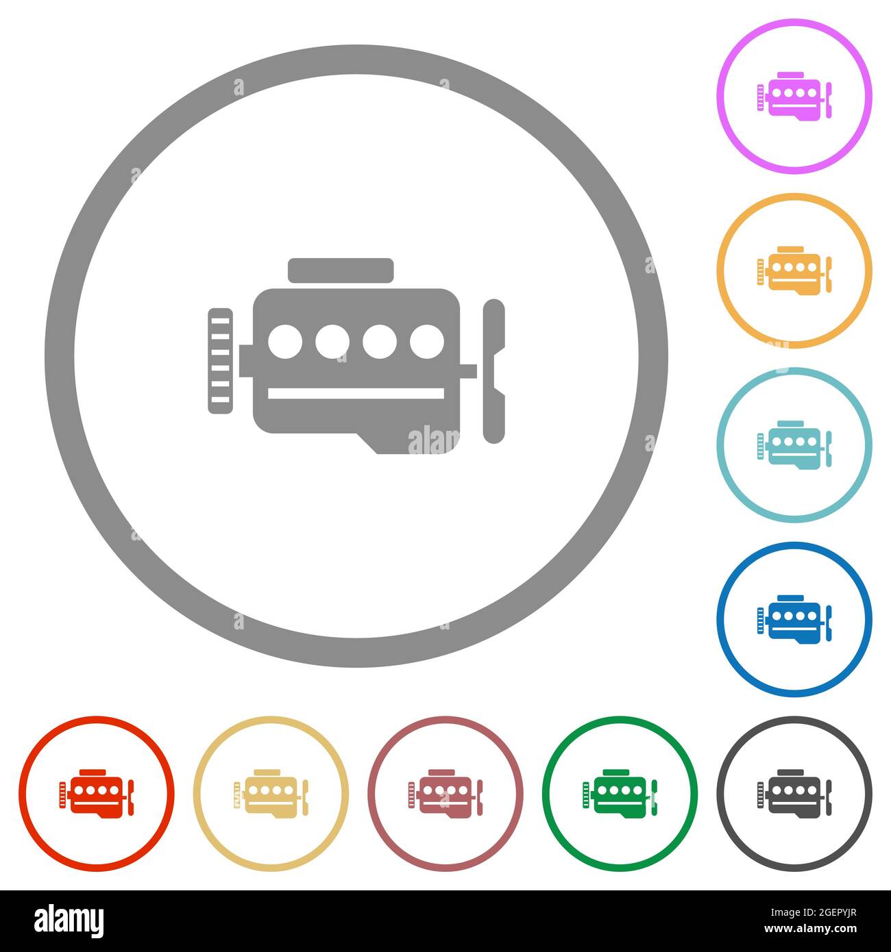 Engine symbol flat color icons in round outlines on white background ...