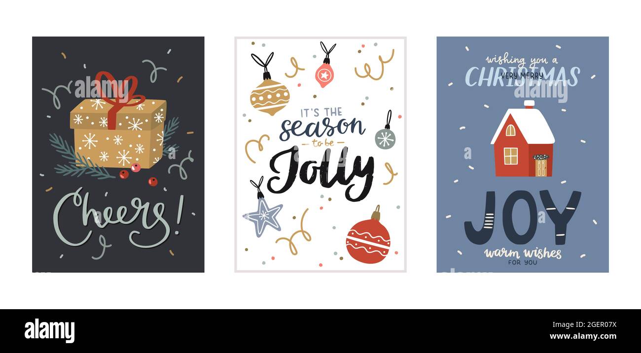Christmas and Happy New Year greeting cards set with cute holiday ...