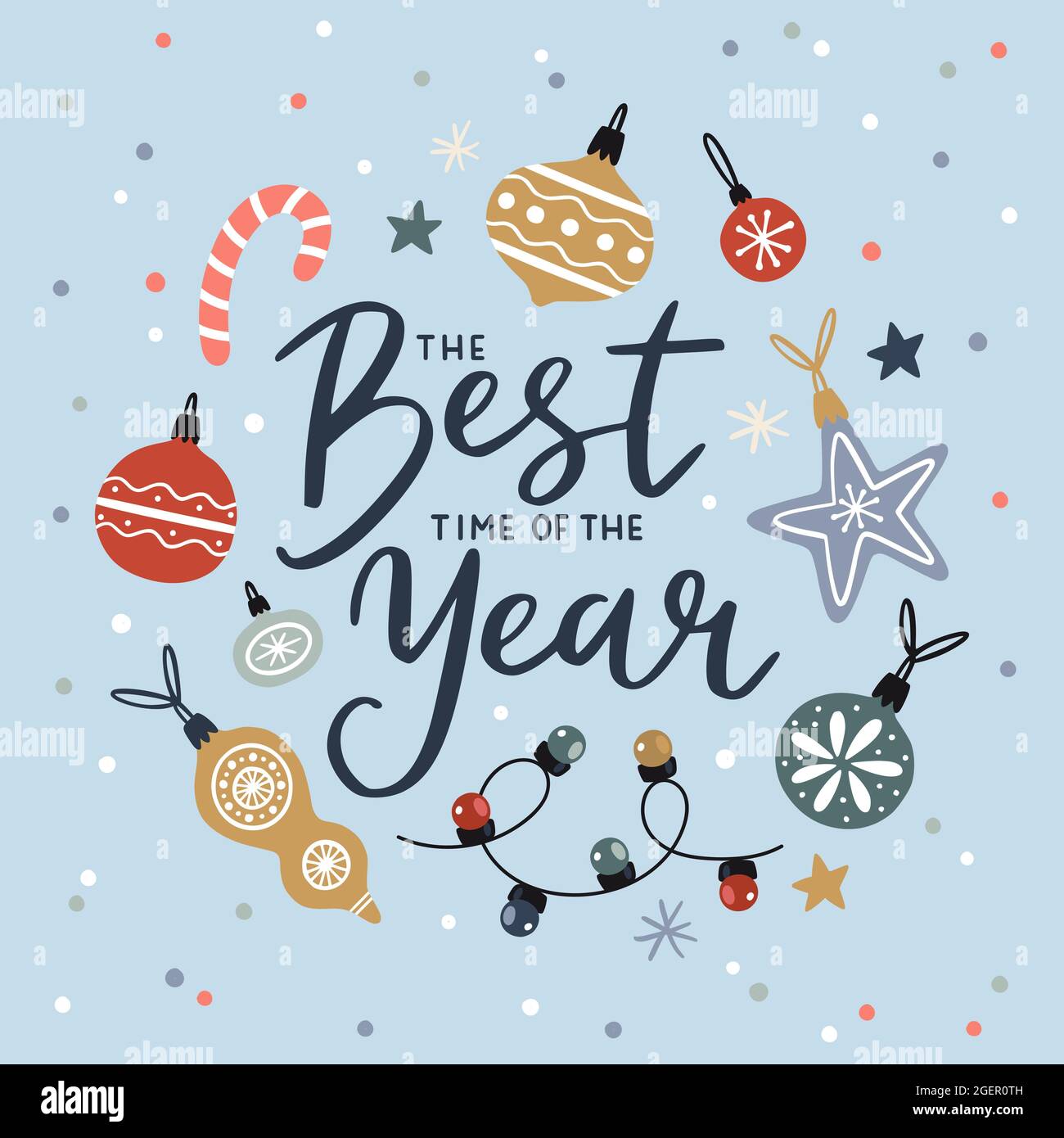 Christmas print with baubles and decorations on blue background. Hand ...