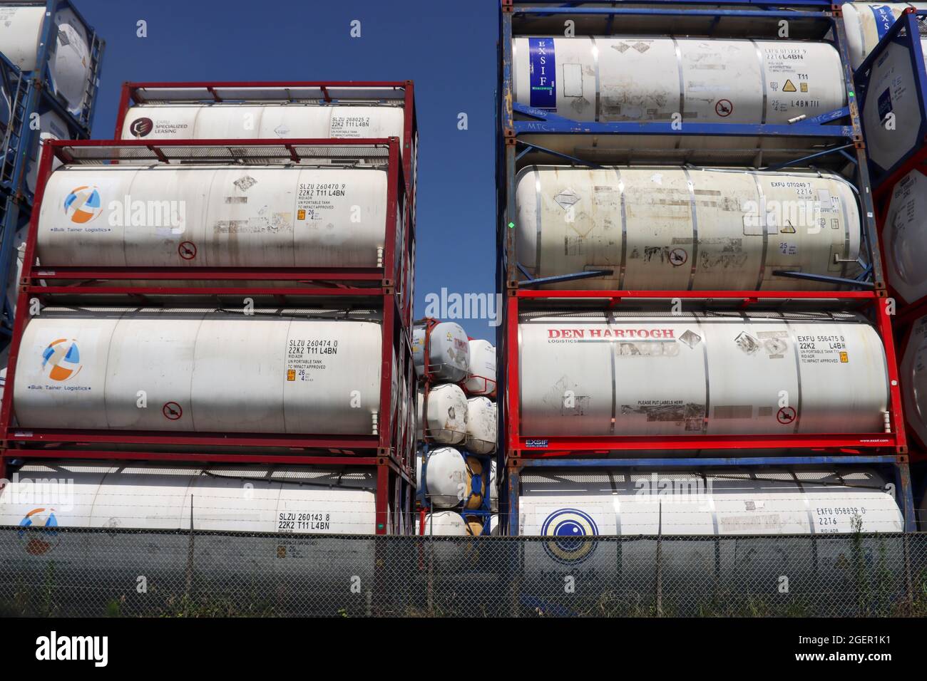 Tank containers stored in the Botlek harbor in the Netherlands Stock ...