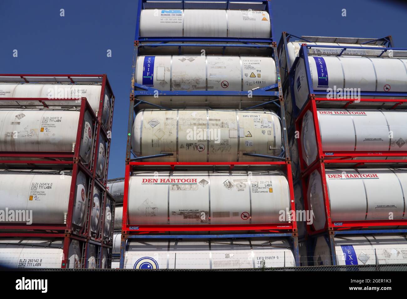 Tank containers stored in the Botlek harbor in the Netherlands Stock ...