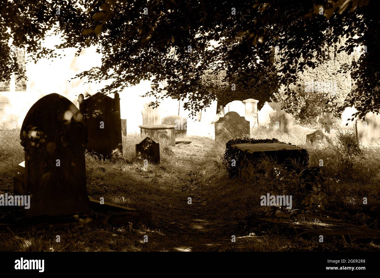 All Saints' graveyard, sepia, Ripley on 8th July 2008 Stock Photo - Alamy