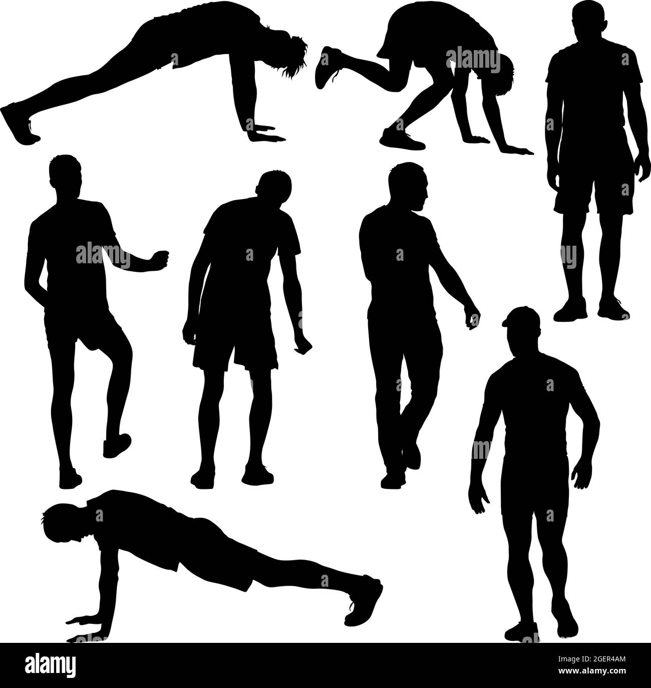 Silhouette people in different poses bent over on a white background ...