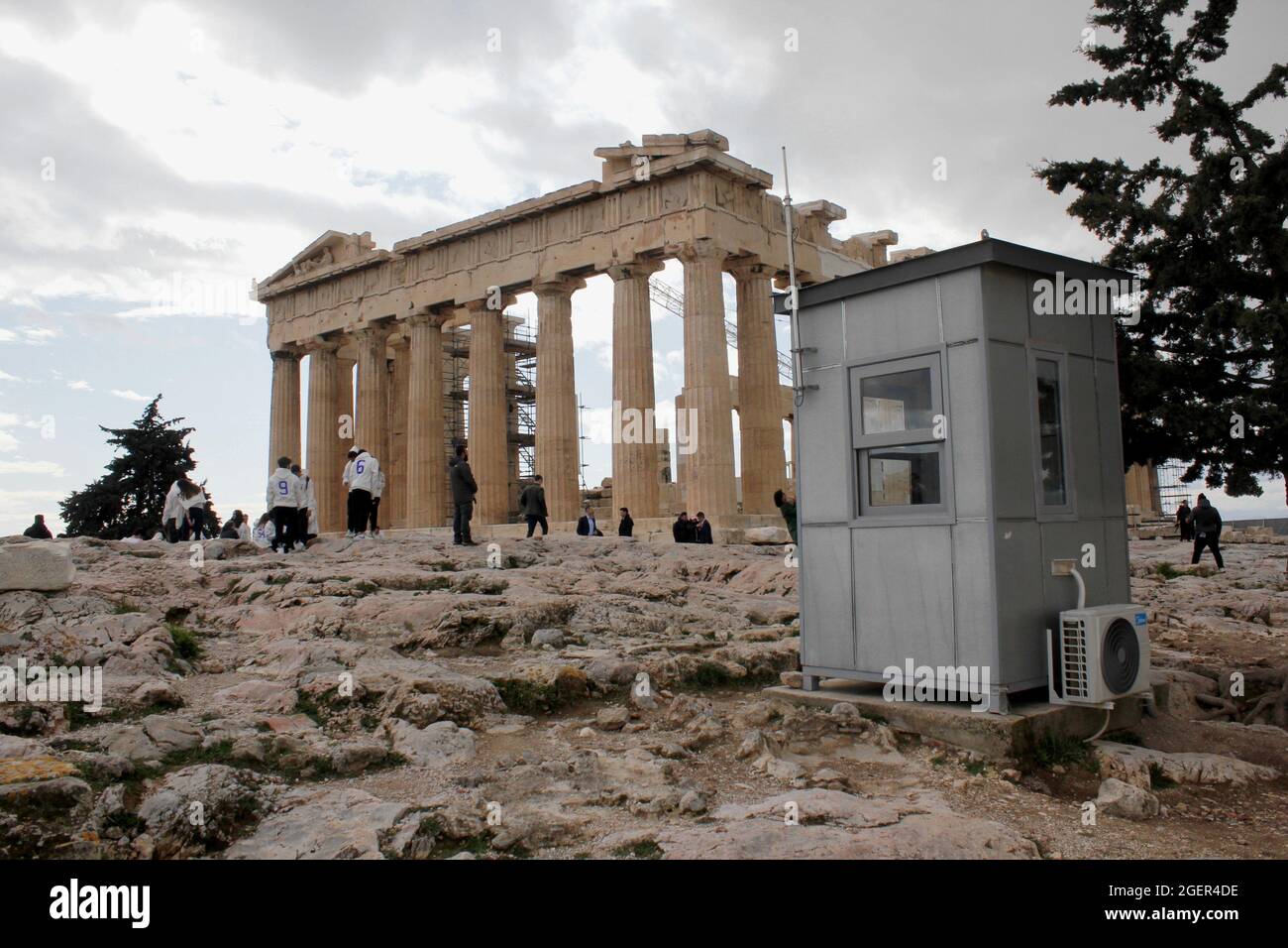 Kiosk with security guard on the Acropolis archaeological site in ...