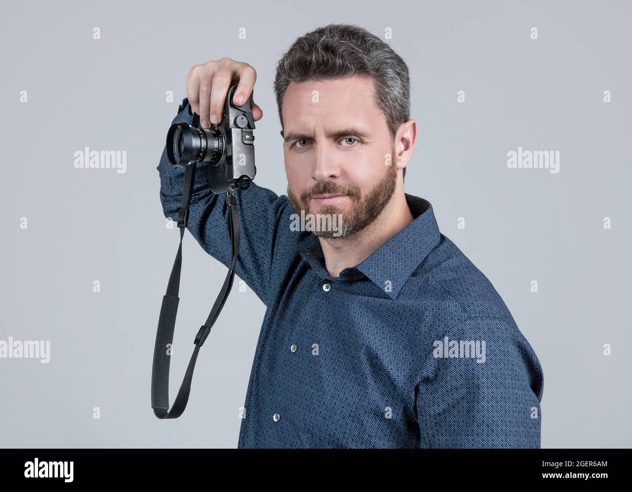 Photography is my hobby. Unshaven man hold photo camera. Hobby concept ...