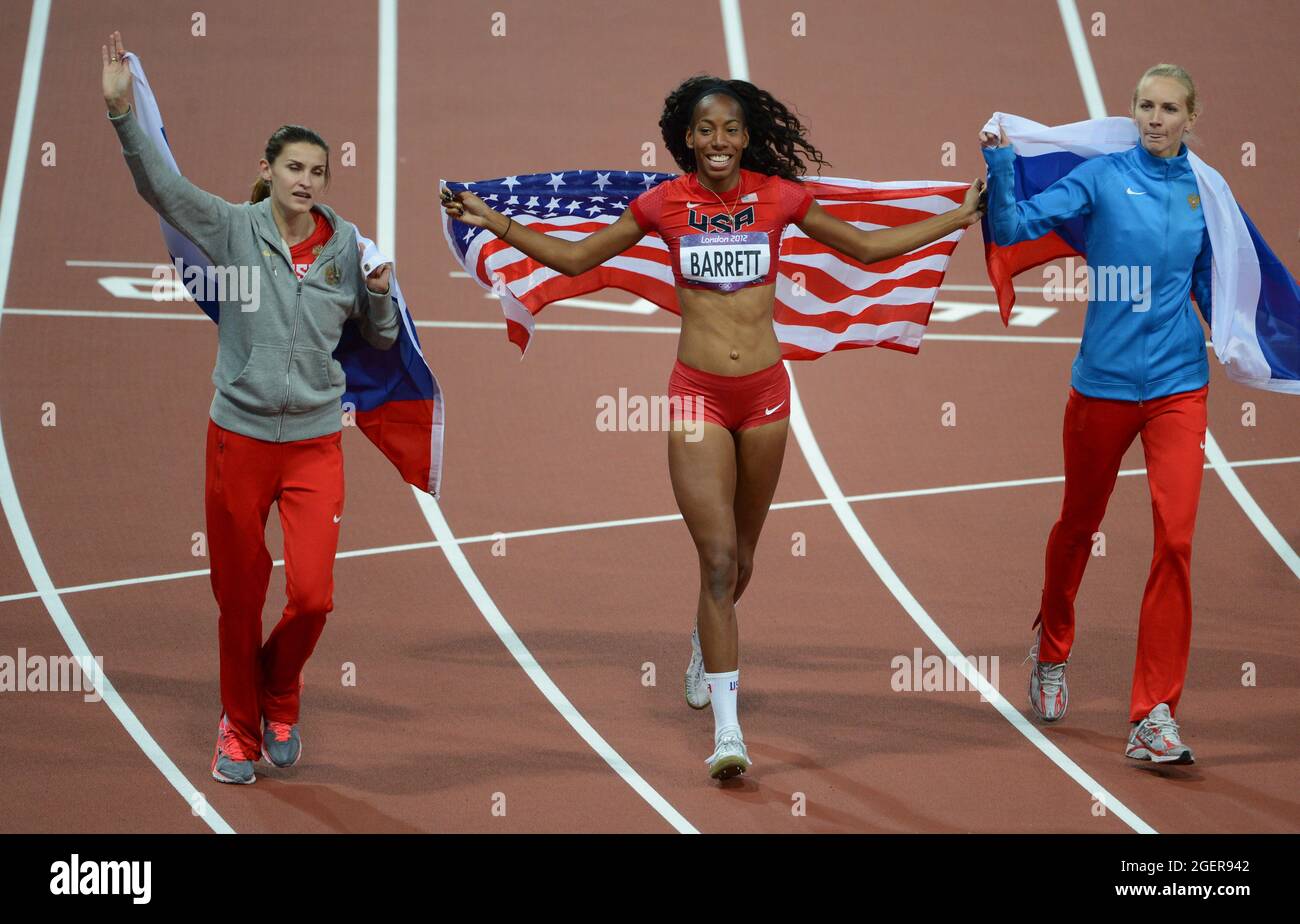 Anna Chicherova, Brigetta Barrett, and Svetlana Shkolina celebrate ...